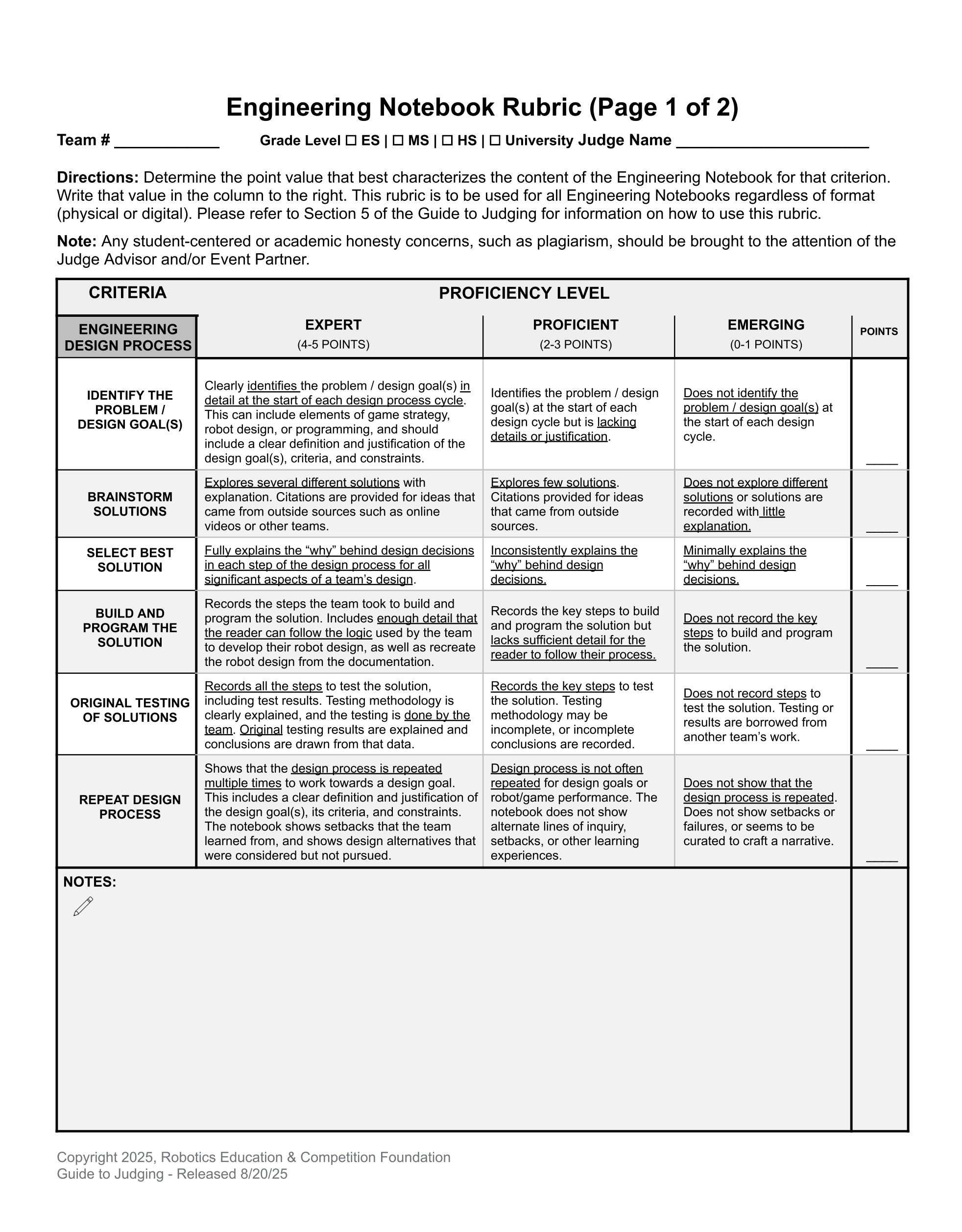 Judging Resource: Engineering Notebook Rubric – VIQRC